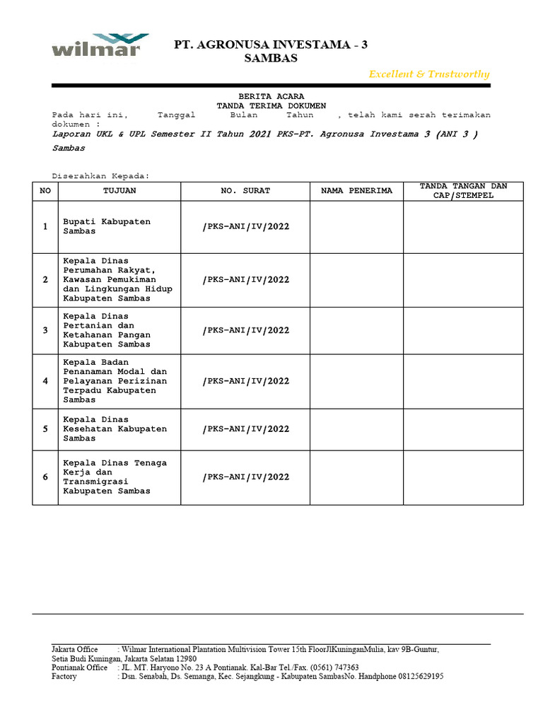 Format Surat Tanda Terima Laporan UKL-UPL Semester 2 Tahun 2021 | PDF