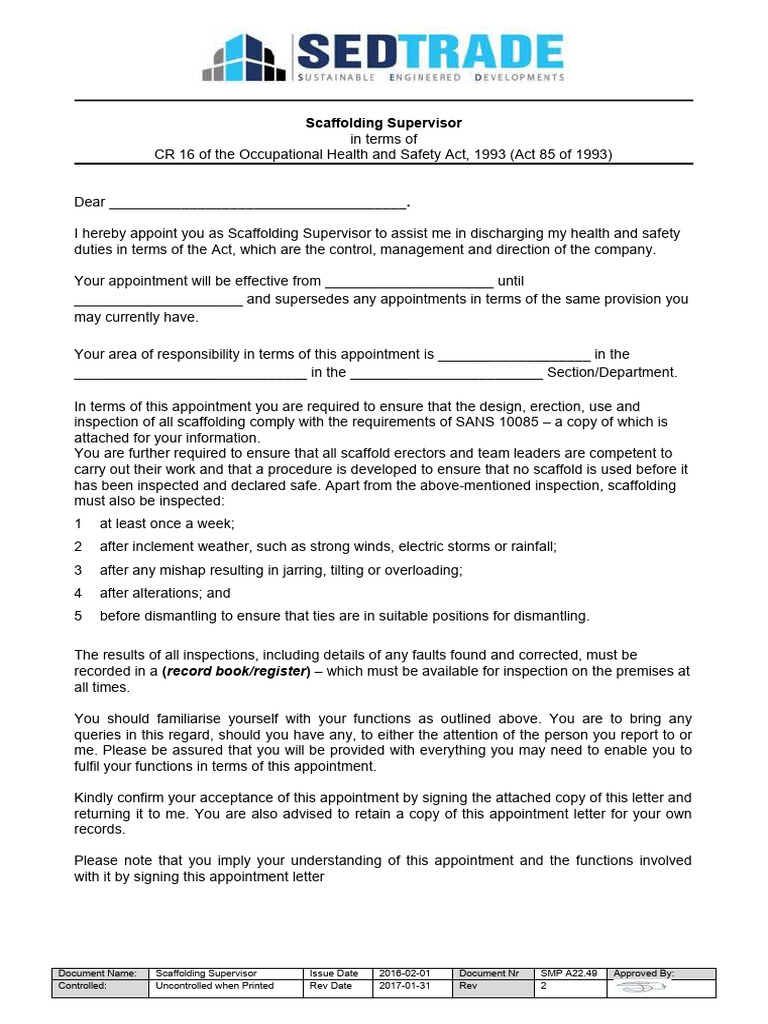 Scaffolding Supervisor Appointment Letter | PDF | Government | Justice