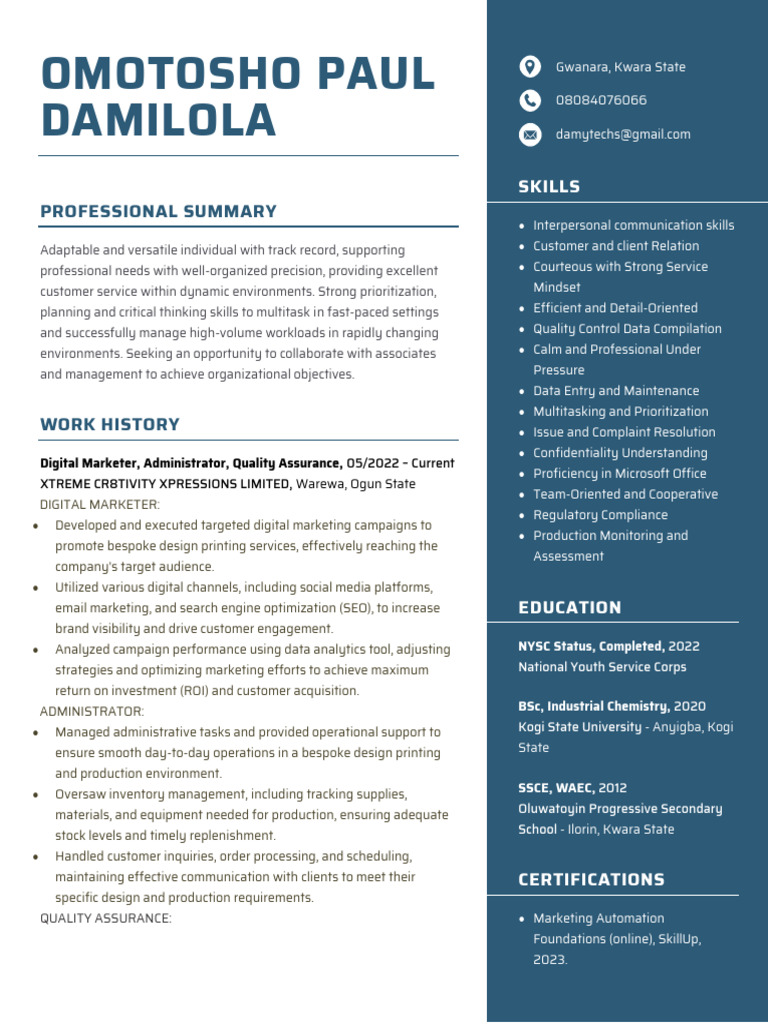 OMOTOSHOPAUL DAMILOLA Resume 600 | PDF | Digital Marketing | Marketing