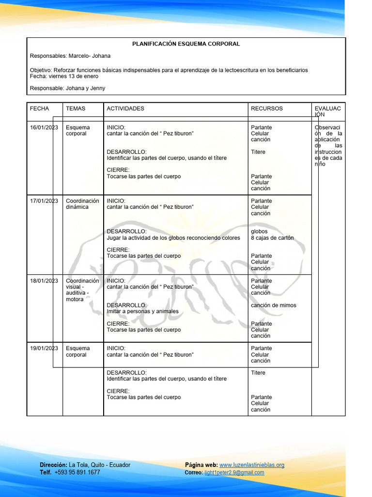 Planificación_ Esquema Corporal _ ENERO | PDF | Aprendizaje