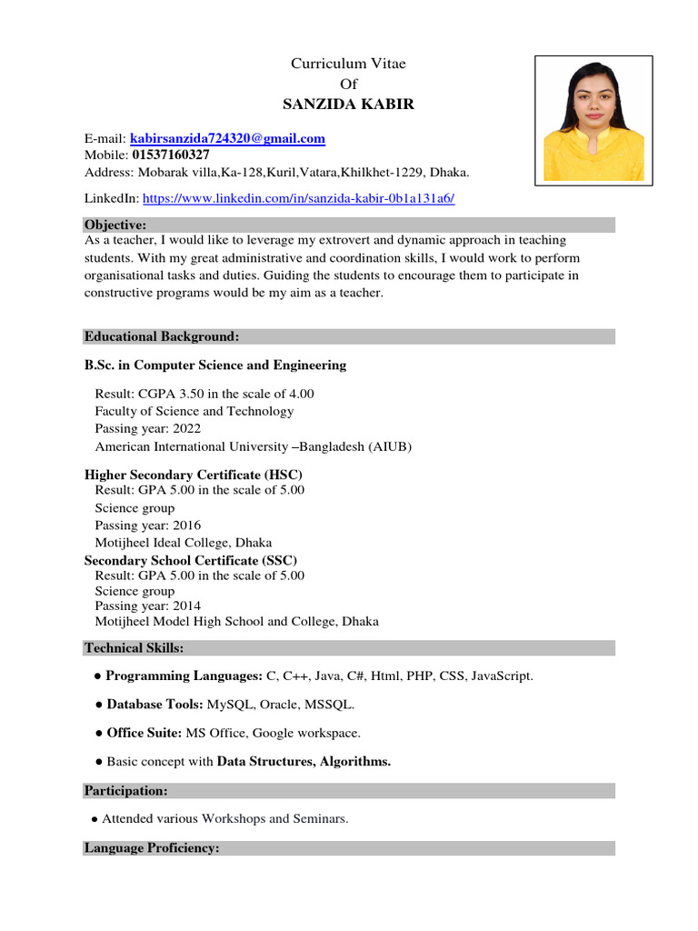 Sanzida Kabir's Teaching CV | PDF | Career & Growth