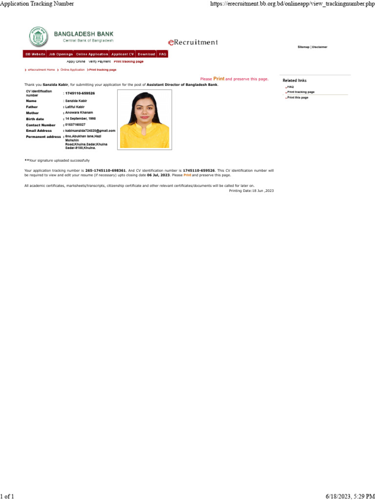 Bangladesh Bank Application Tracking Info | PDF