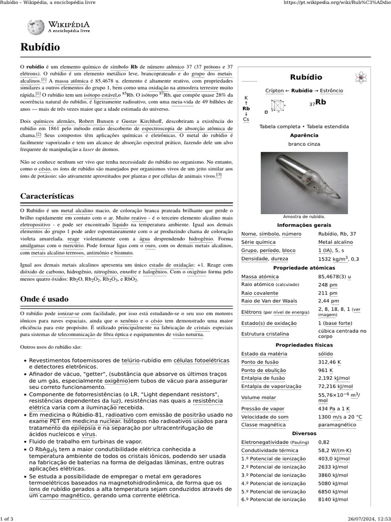 Propriedades e Aplicações do Rubídio | PDF | Átomos | Elementos metálicos