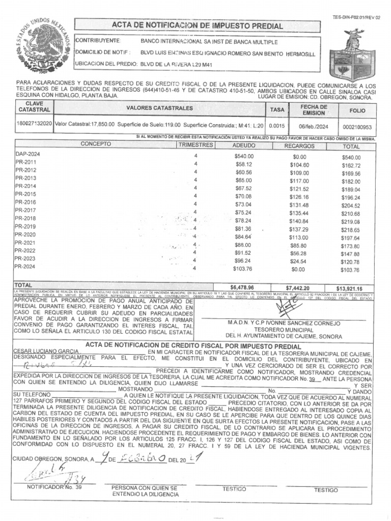 10 Boletas Prediales Lotes Obregón 2024 | PDF