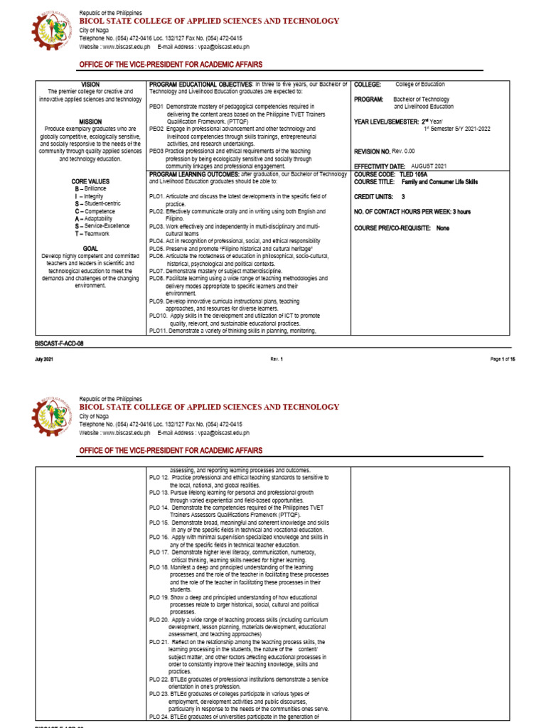 Sample Syllabus For BTLED FAMILY AND CONSUMER LIFE SKILLS | PDF ...