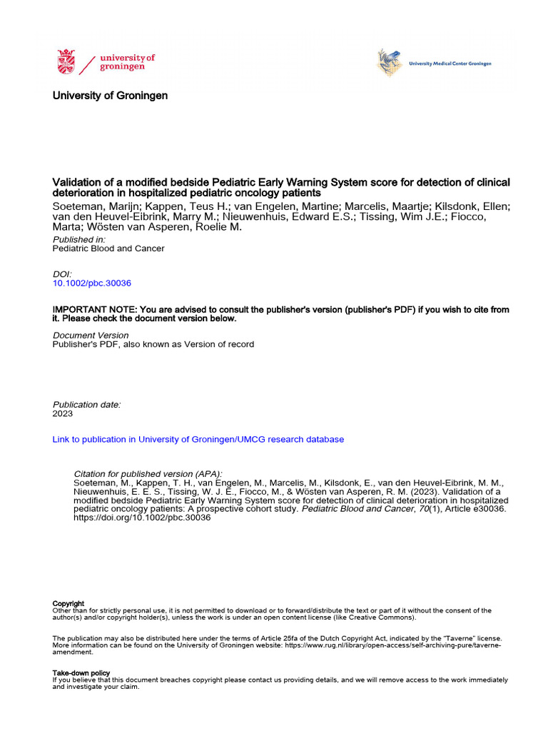 Pediatric Blood Cancer 2022 Soeteman Validation of a Modified Bedside Pediatric Early Warning ...