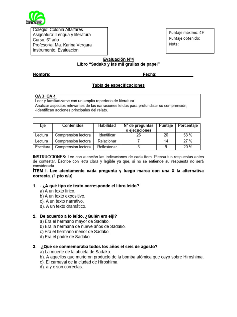 6° Prueba Plan Lector Mayo | PDF