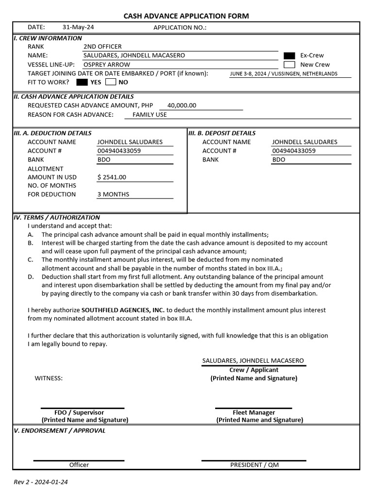 SFAI Cash Advance Form Rev 2 Eff 2024-01-24 | PDF | Credit Card | Banks
