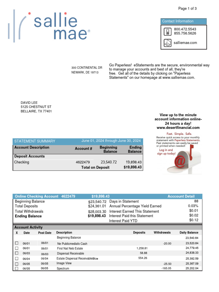 Sallie Mae Bank Statement | PDF | Transaction Account | Private Sector