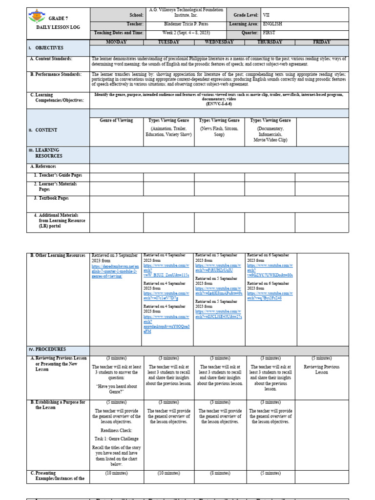 Grade 7 - Week 2 (English) | PDF | Genre | Learning