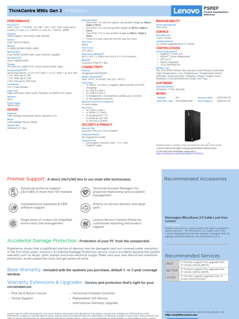 ThinkCentre M90s Gen 3 11TS0010LS | PDF | Usb | Solid State Drive