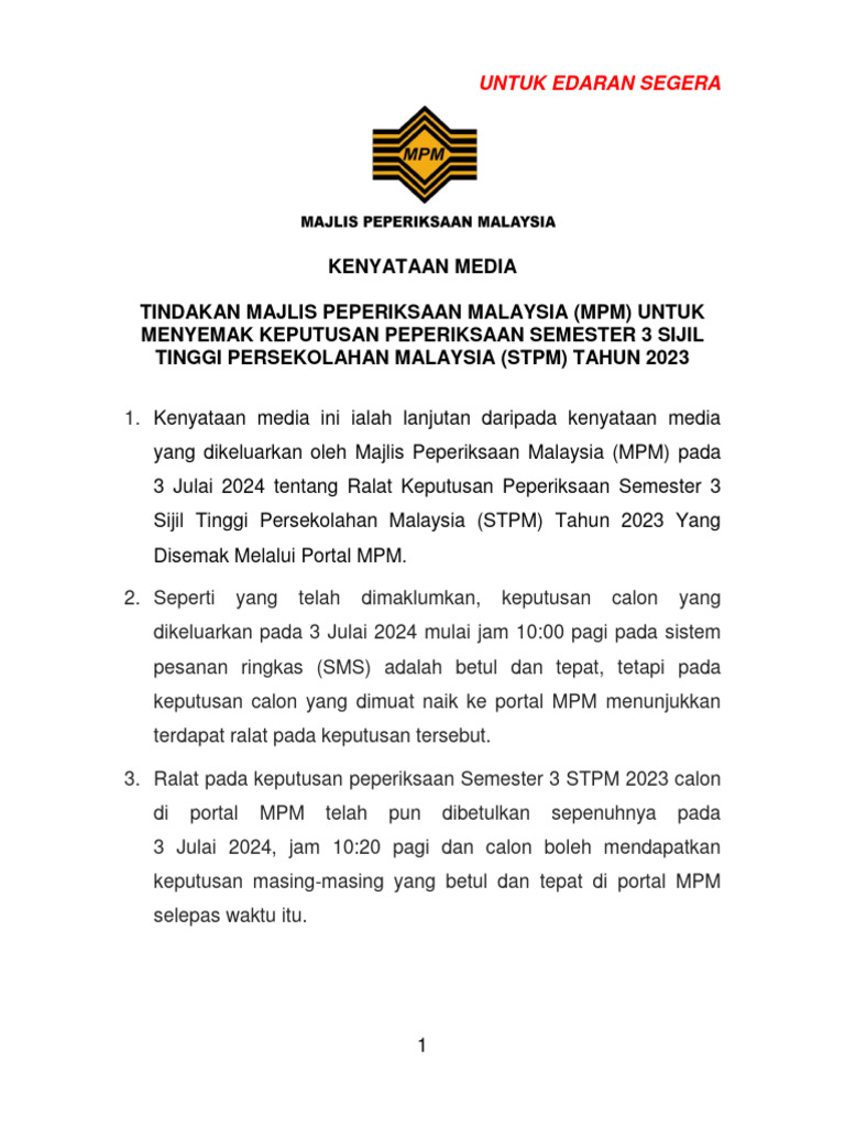 Kenyataan Media Tindakan MPM Untuk Menyemak Keputusan Peperiksaan ...