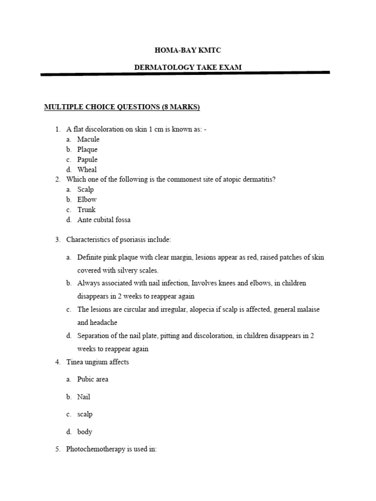 Dermatology Take Away Exam | PDF | Psoriasis | Dermatitis