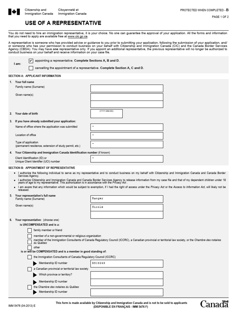 Use of Representative Form - Canada - IMM5476E | PDF | Government | Justice