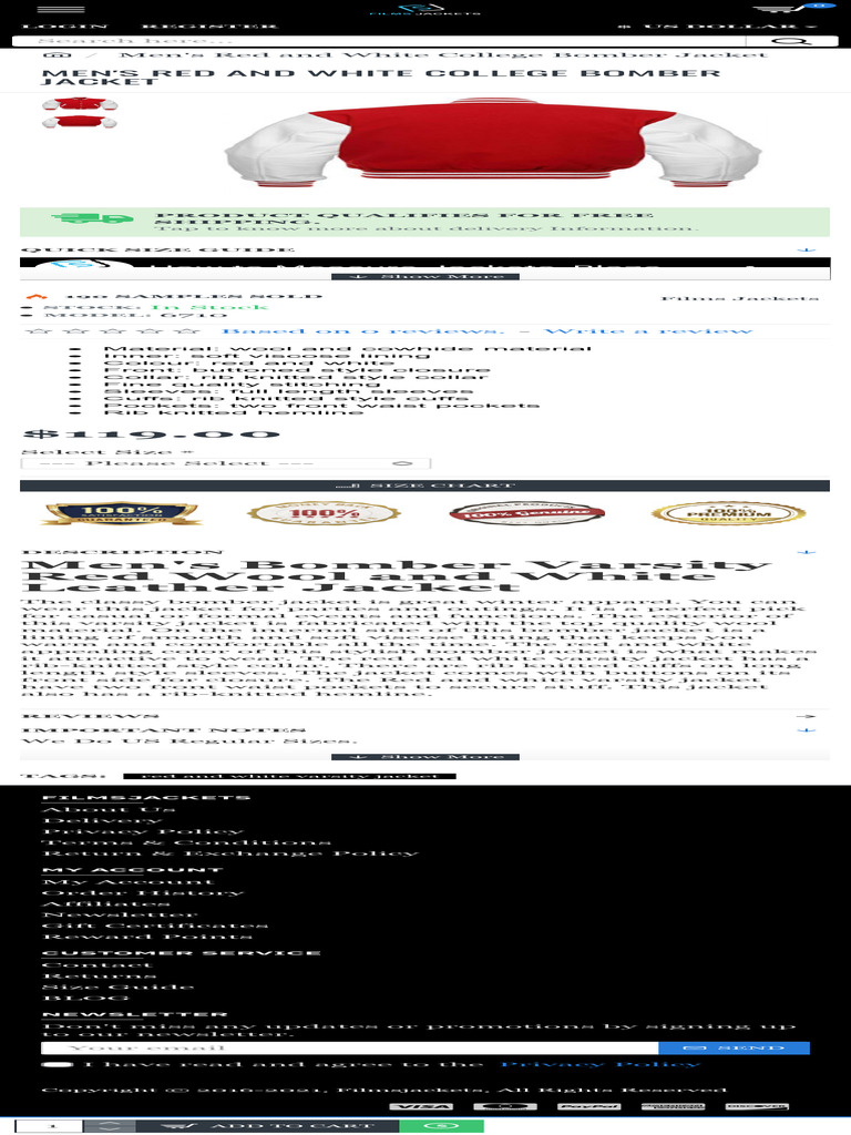 Men's Red and White Varsity Jacket Leather Sleeves - Films Jackets ...