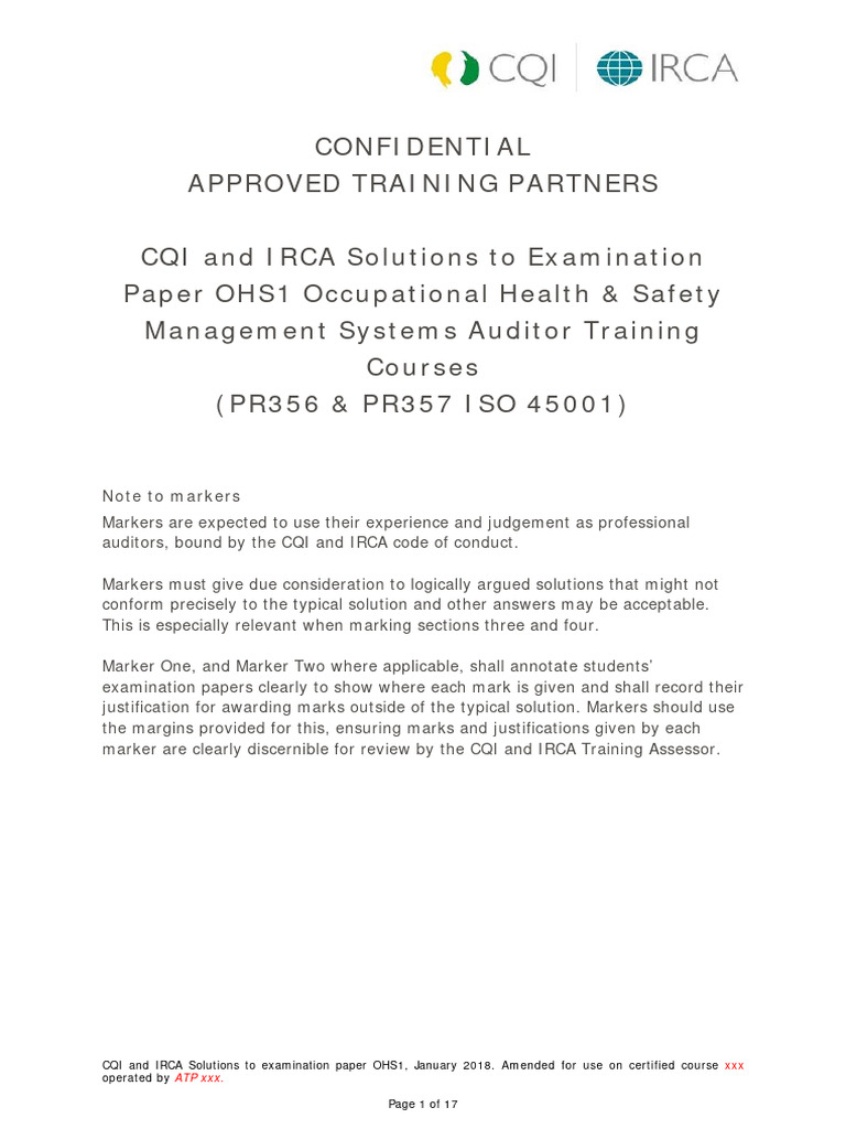 OHSMS Exam Paper 1 Solution - Jan 2018 | PDF | Audit | Risk