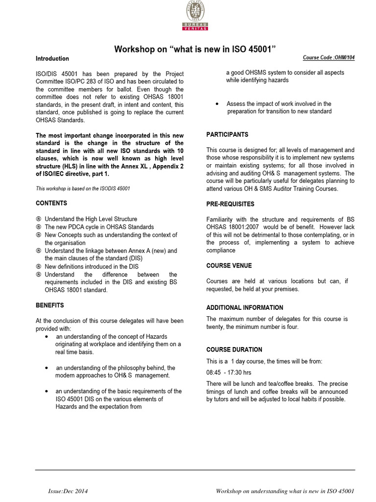 OHM-104-Workshop On What Is New in ISO 45001 | PDF | International Organization For Standardization