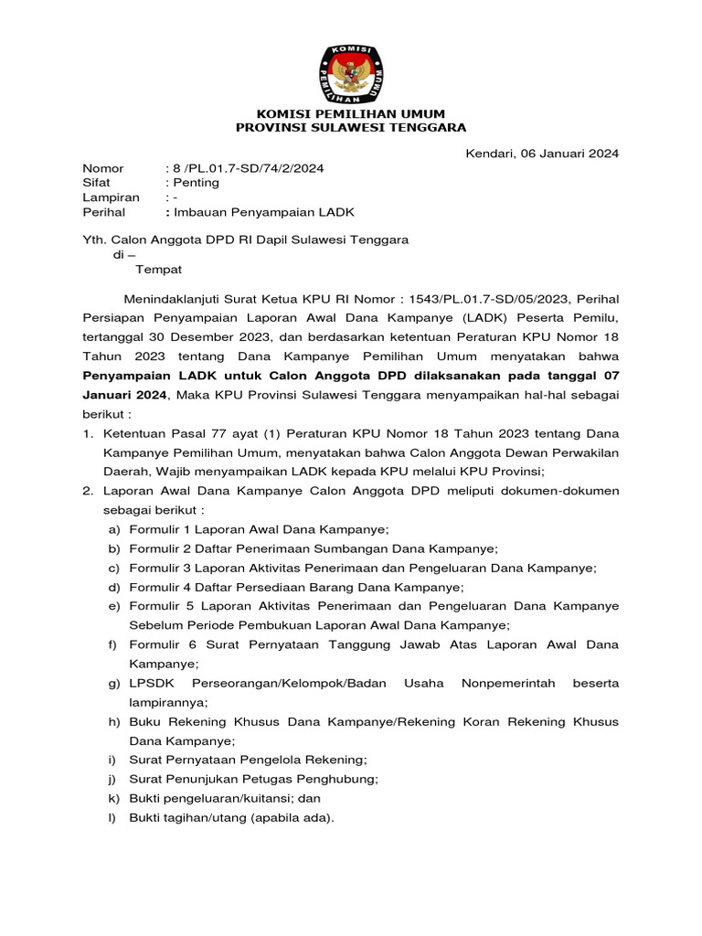Surat Imbauan Penyampaian Ladak DPD | PDF | Hukum