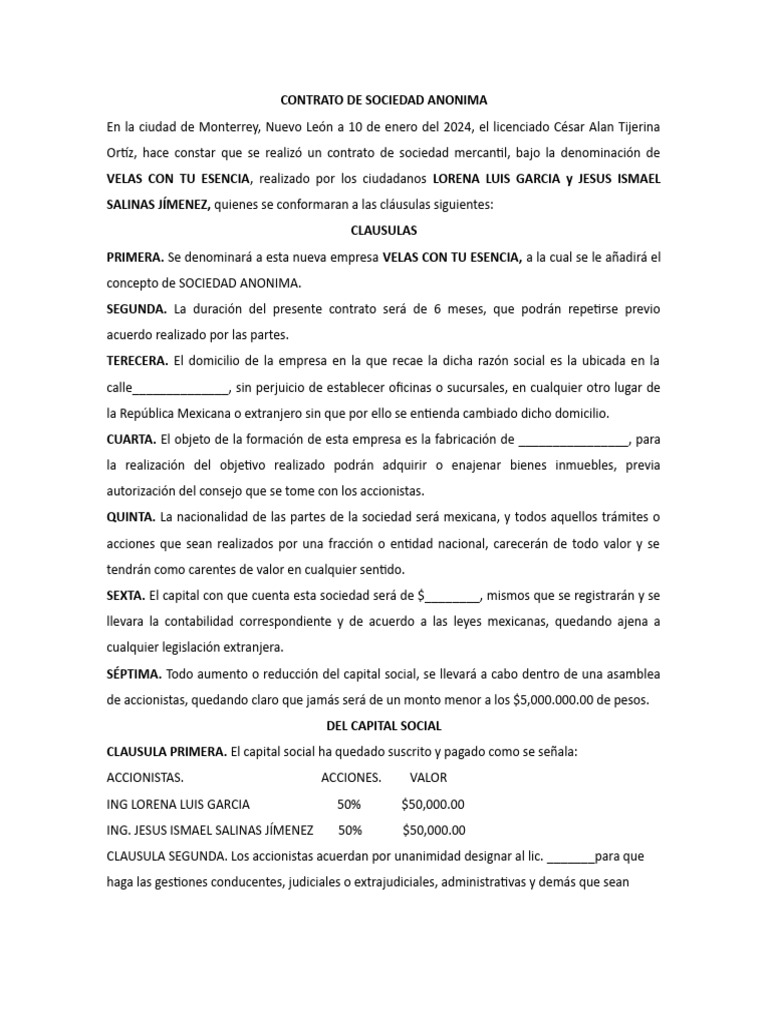 CONTRATO DE SOCIEDAD MERCANTIL 2024 | PDF | Sociedad de responsabilidad limitada