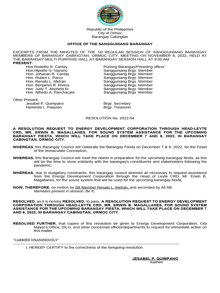 Resolution 54 - Requesting For Sound System Assistance | PDF