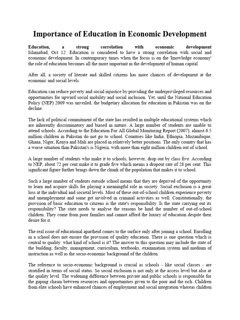 Importance of Education in Economic Development | PDF | Social ...