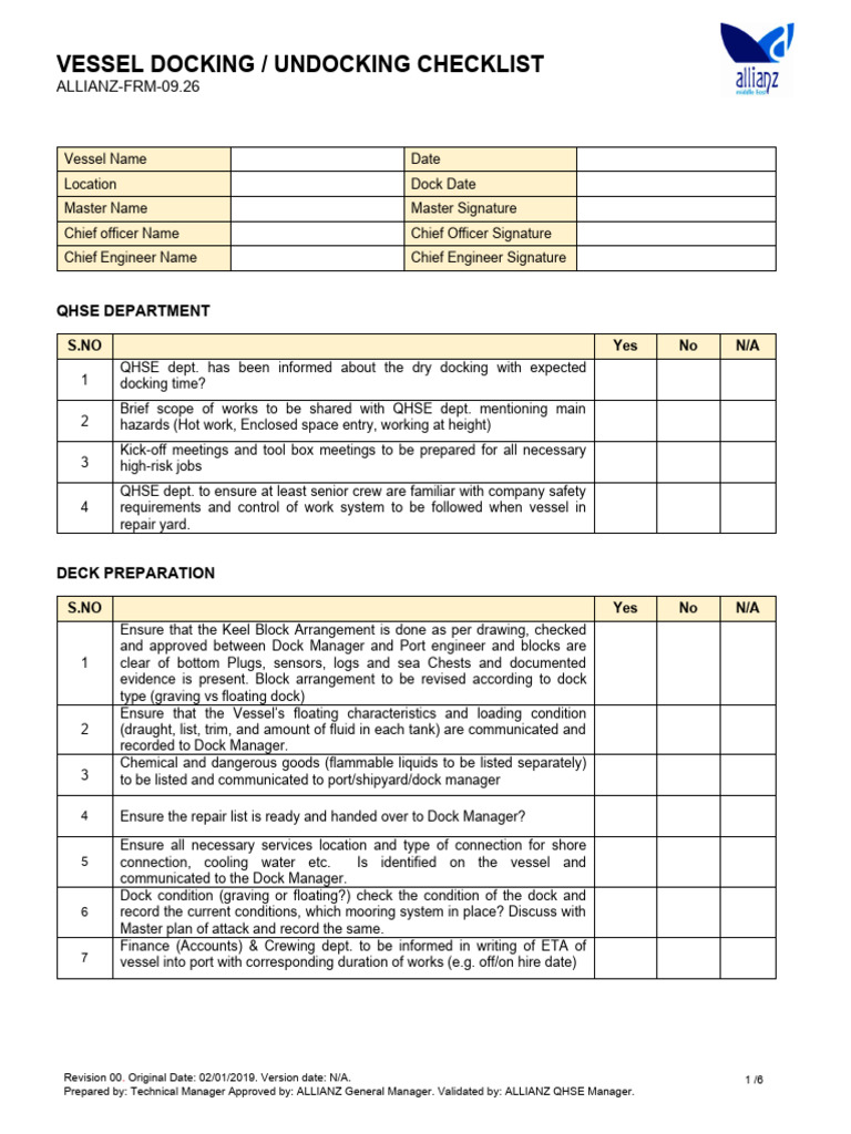 ALLIANZ-FRM-09.26. Vessel Docking & Undocking Checklist | PDF | Ships ...