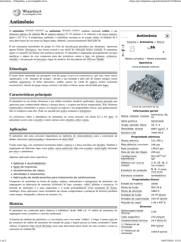 Antimônio: Propriedades e Usos | PDF | Química | Átomos