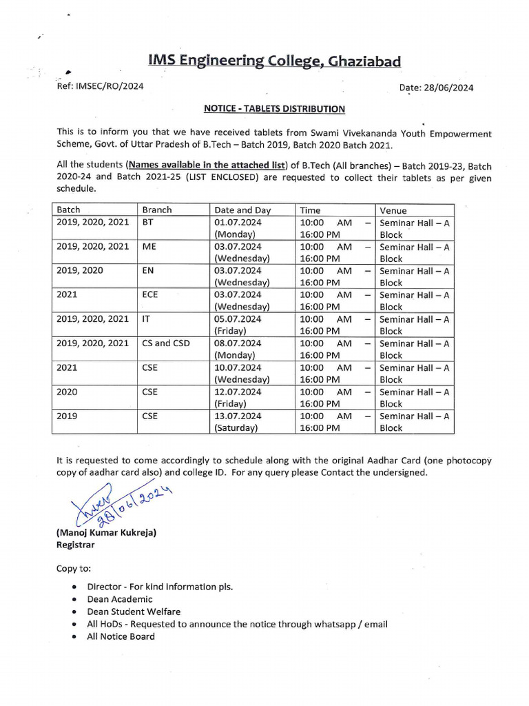 NOTICE REGARDING TABLETS DISTRIBUTION of B.TECH 2019, 2020 and 2021 BATCH WITH LIST | PDF