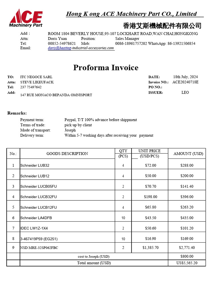 Hong Kong ACE Machinery Invoice Details | PDF | Payments | Service ...