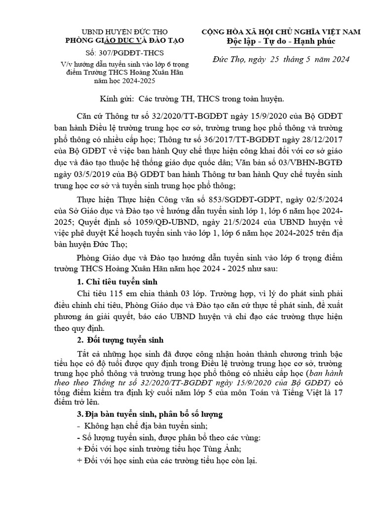 So 307 Hdts Lop 6 HXH 2024 2025 | PDF