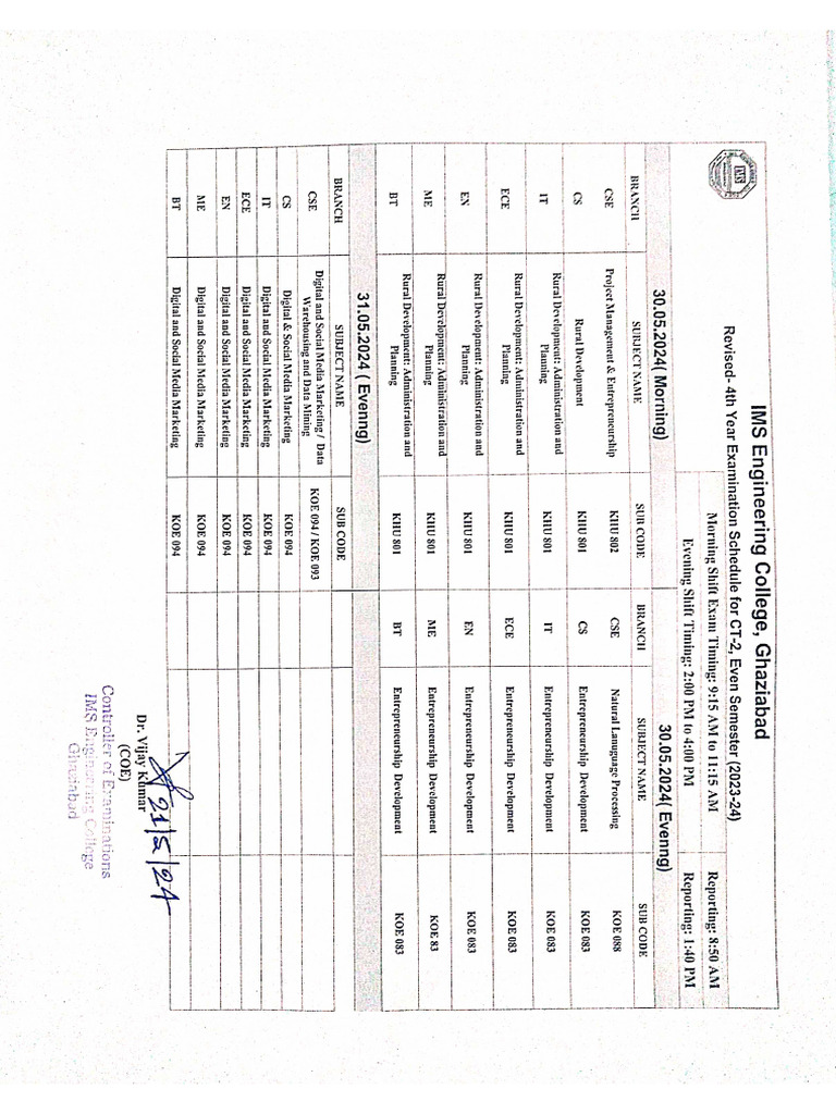 Revised CT2 Schedule - 4th Year B.Tech | PDF