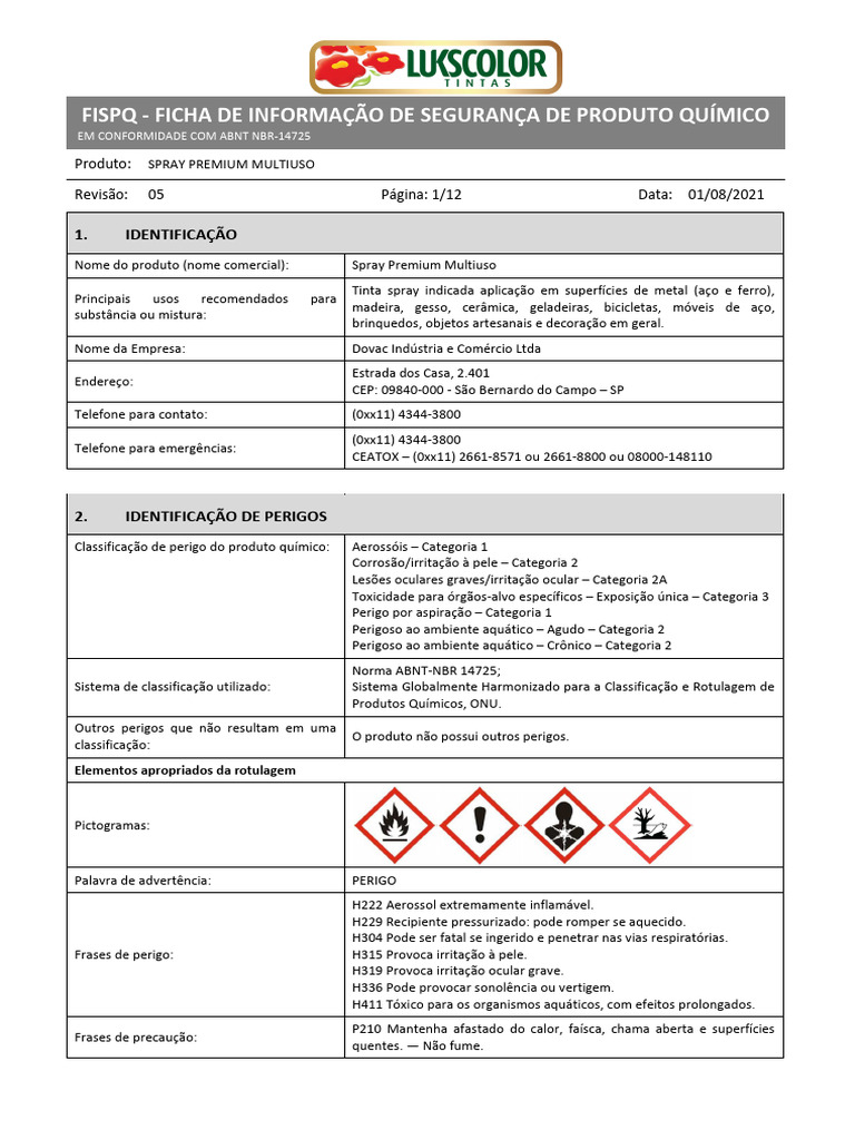 FISPQ Spray Premium Multiuso: Segurança e Uso | PDF | Embalagem e ...