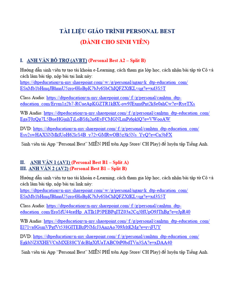 DTP - Tài Liệu Giáo Trình Personal Best Dành Cho SV (A2-B1-B1) | PDF