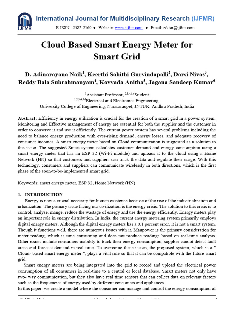Cloud Based Smart Energy Meter For Smart Grid: International Journal For Multidisciplinary ...