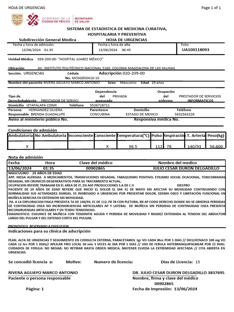 HOJA DE URGENCIAS Editable | PDF | Medicina CLINICA | Medicina