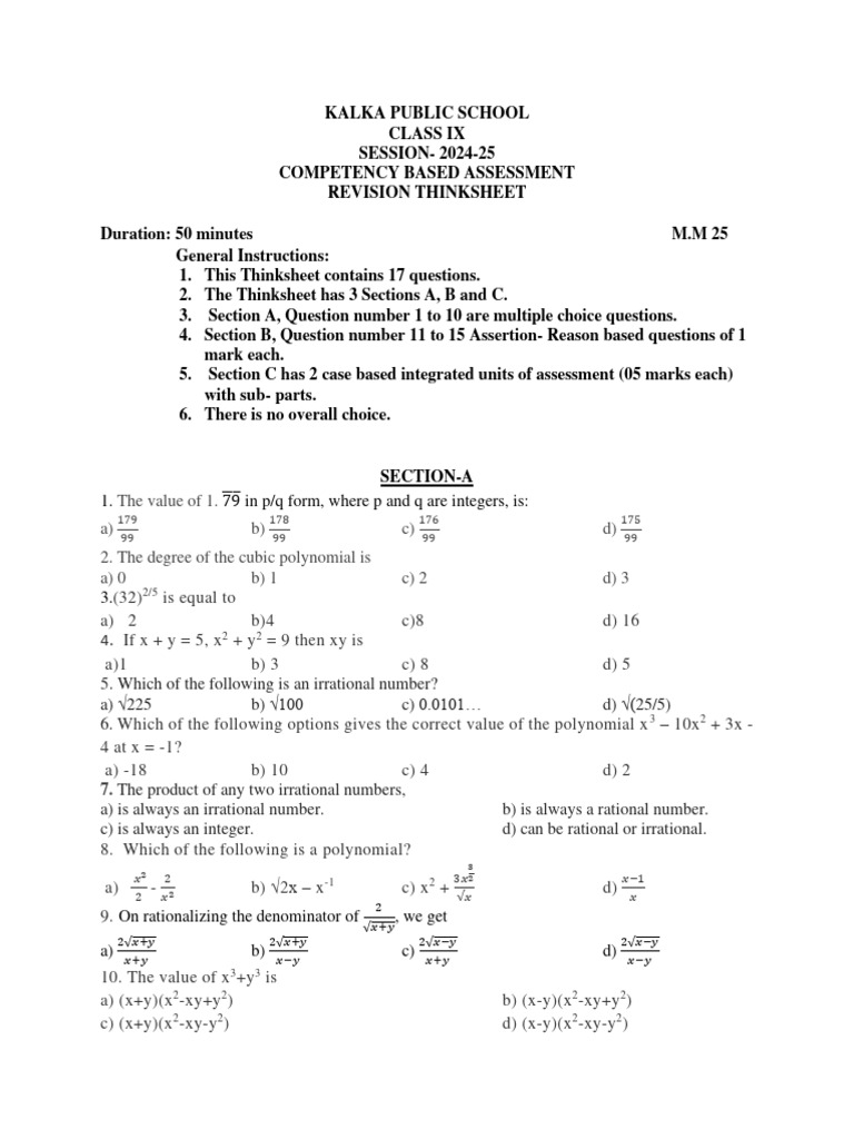 CBA Class 09 Revision Thinksheet | PDF | Numbers | Rational Number