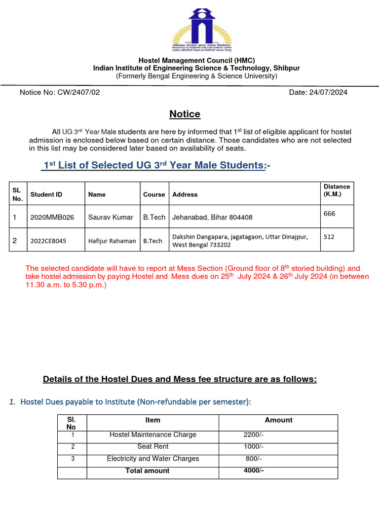 1st List of Selected UG 3rd Year Male Students | PDF