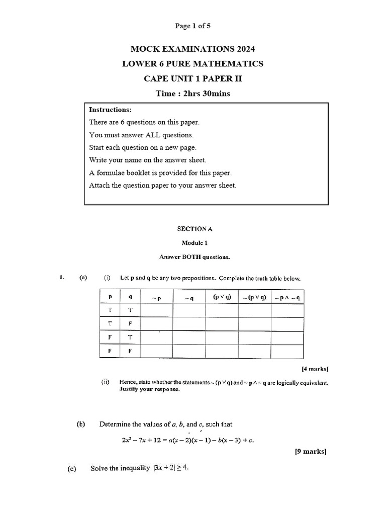 Pure Math Mock Exam Paper 2 2024 | PDF