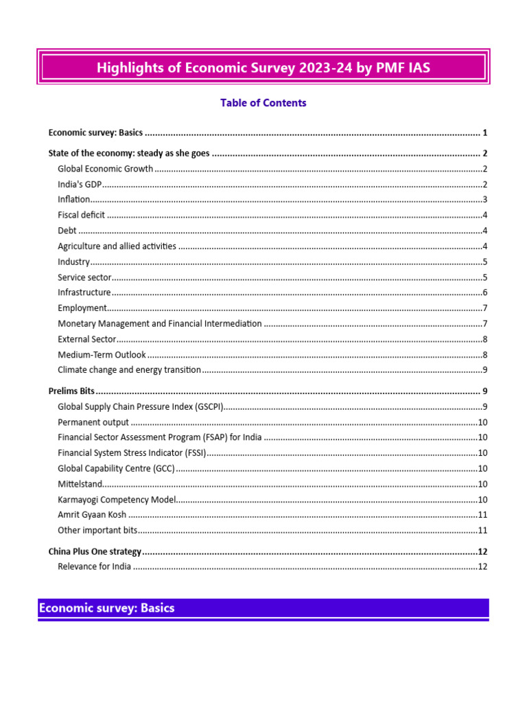 PMFIAS Economic Survey 2023 24 | PDF | Inflation | Economic Growth