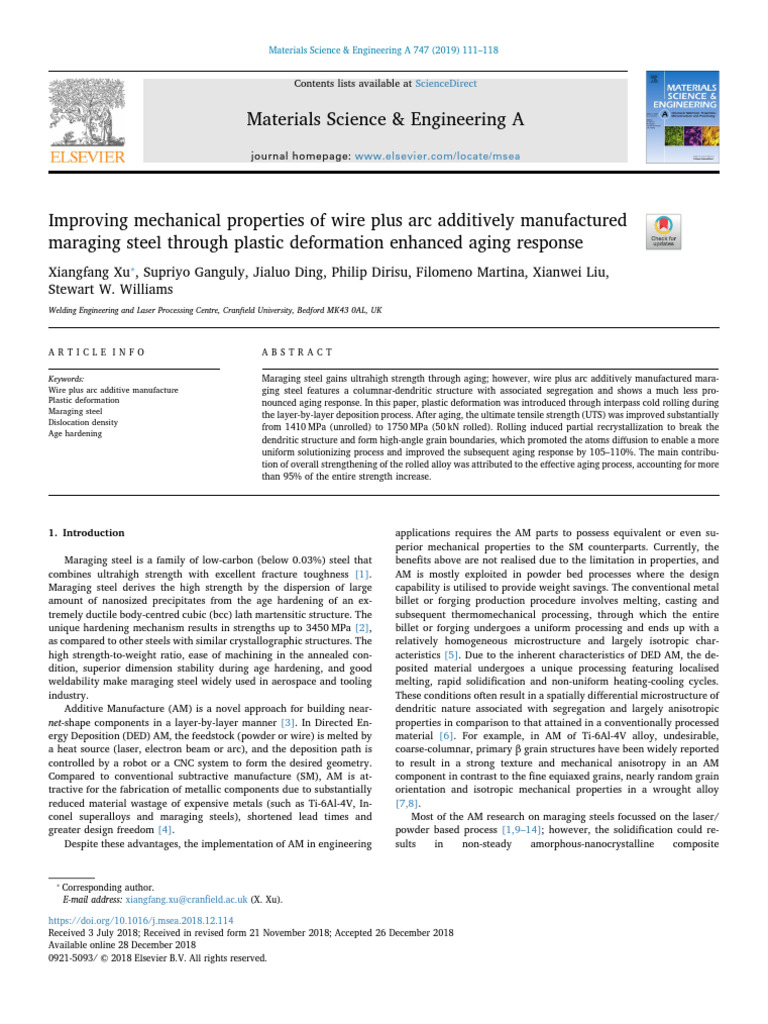 Improving Mechanical Properties of Wire Plus Arc Additively Manufactured Maraging Steel Through ...