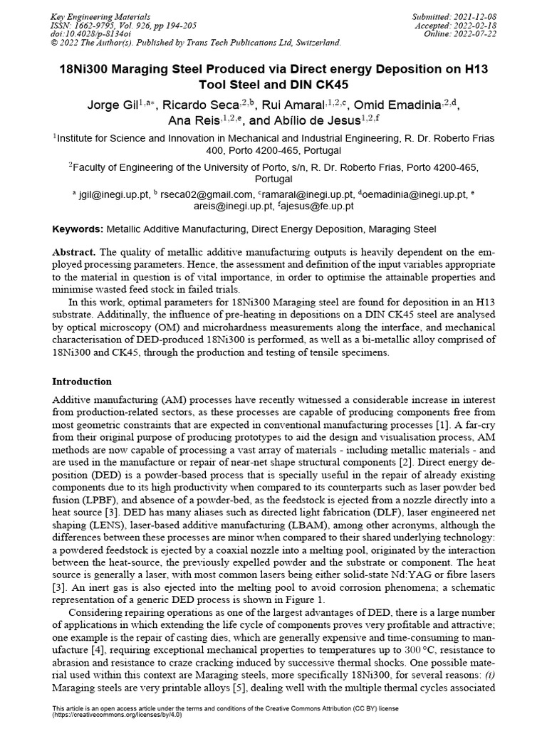 18ni300 Maraging Steel Produced Via Direct Energy Deposition On H13 Tool Steel and DIN CK45 ...