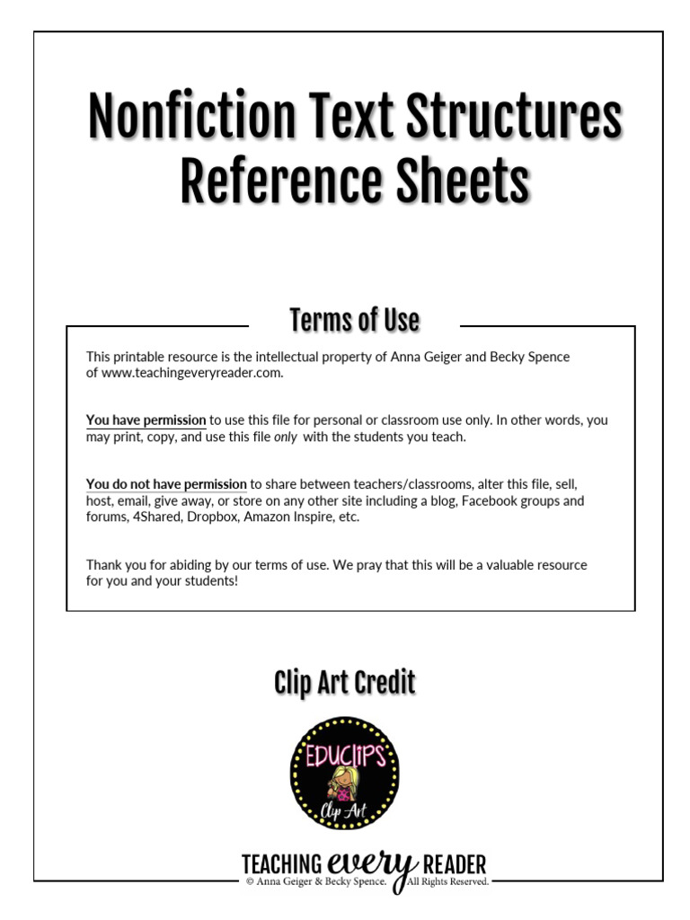 Nonfiction Text Structures Reference Sheets - Teaching Every Reader | PDF