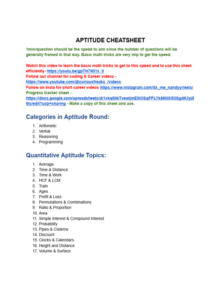 Aptitude Cheatsheet | PDF | Speed | Mathematics