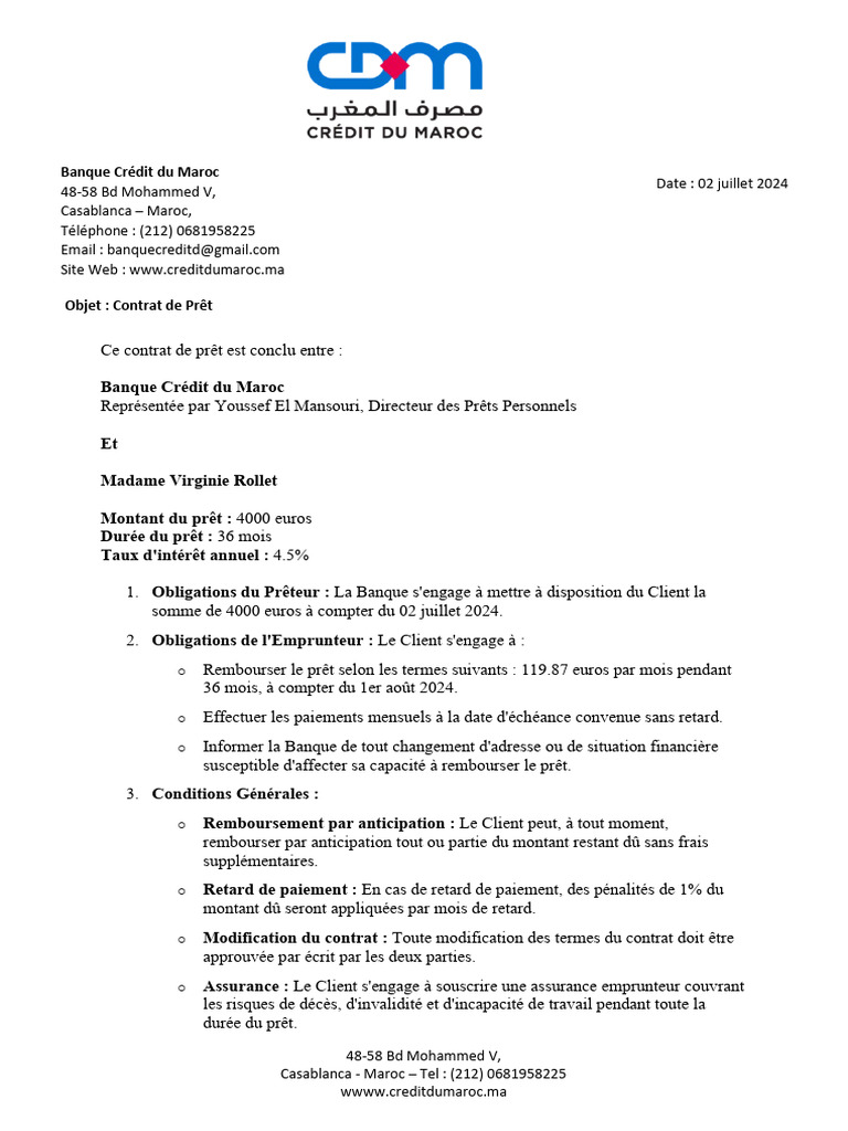 Contrat de Prêt de 4000 Euros | PDF | Crédit | Finance et gestion monétaire