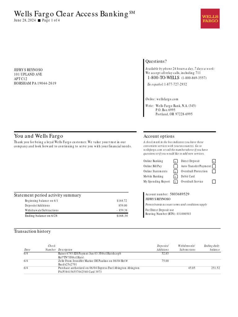 Wells Fargo Clear Access Banking | PDF | Overdraft | Fee