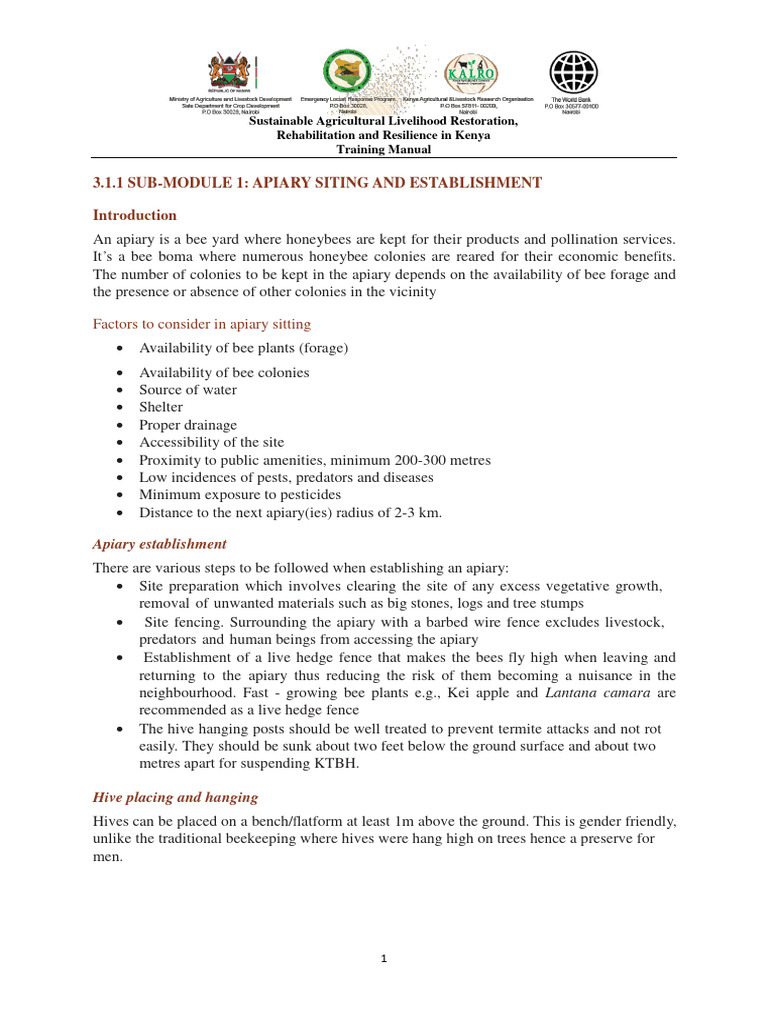Sub-Module 1 - Apiary Siting and Establishment | PDF | Beehive | Beekeeping