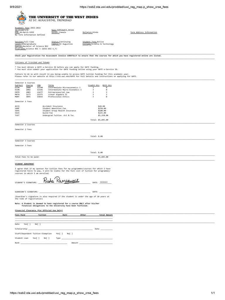 Resha Ramsawack FST | PDF | Fee | Tuition Payments