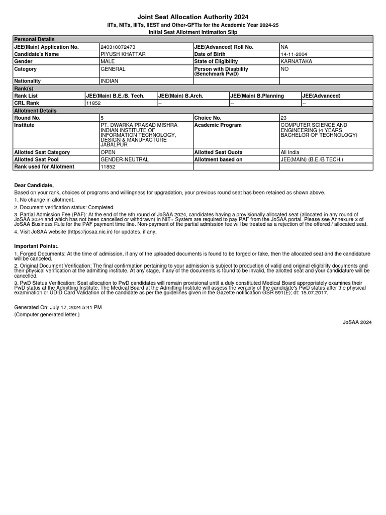 Josaa Seat Allotment Intimation Slip - Round5 | PDF | Career And Technical Education ...
