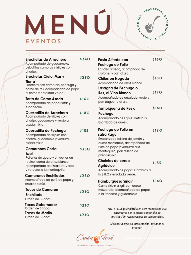 Menú de Eventos | Descargar gratis PDF | Taco | Cocina