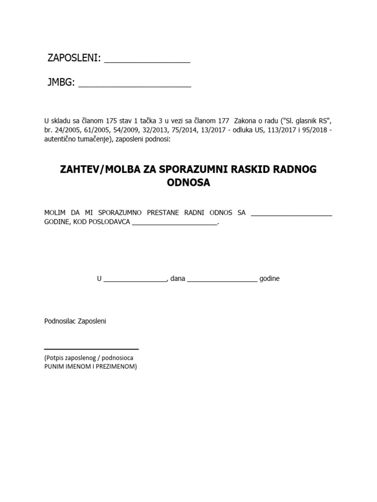 ZAHTEV ZA Sporazumni Prestanak | PDF